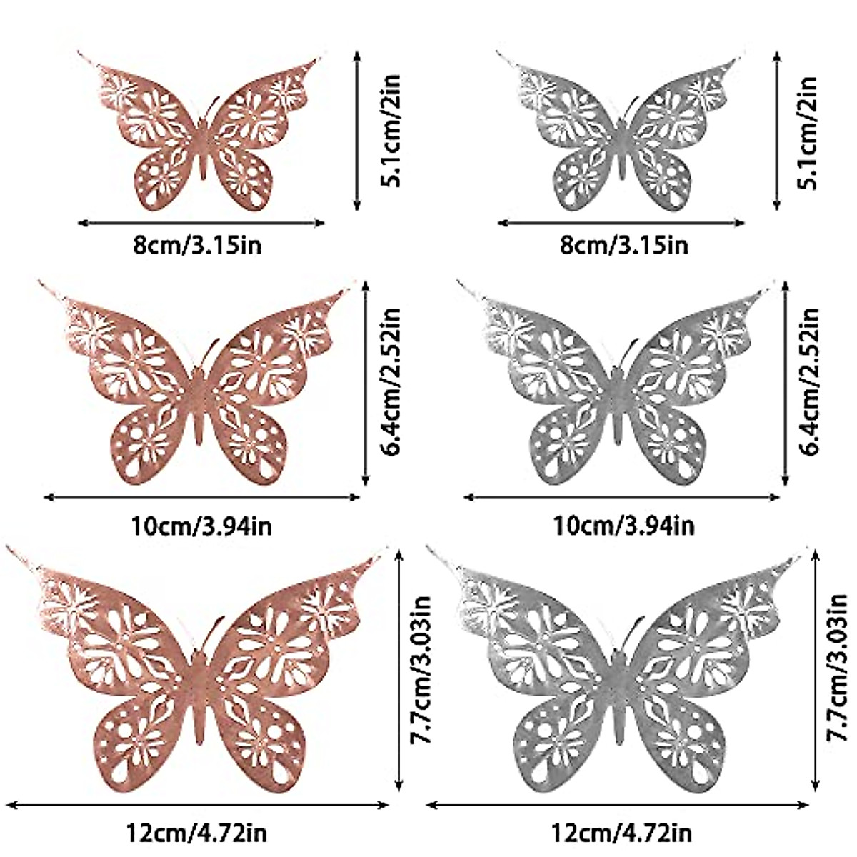 48 Pcs 3D Butterfly Wall Decals,maxin 3D Butterfly Wall Stickers Room Wall Decoration for Bathroom, Nursery Classroom,Baby Kids Bedroom, Living Room(Silver and Rose Gold)