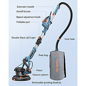 Handife Drywall Sander 800W 7A with Vacuum Auto Dust Collection, Variable Speed 800-1800RPM Power Double-Deck LED Lights, Extendable Handle, Carrying Bag Blue