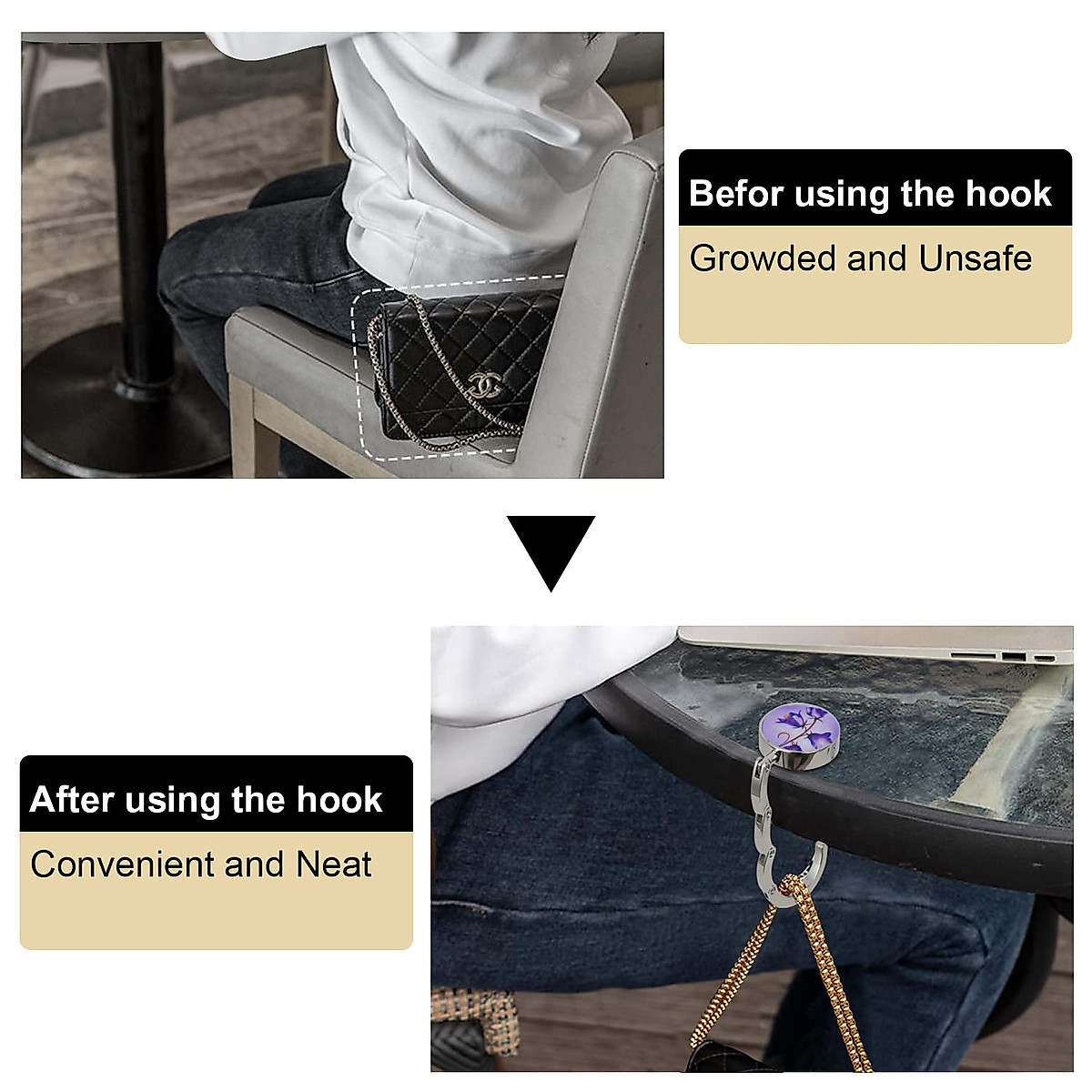 BEAVOING Purse Hanger, Foldable Purse Hook Set of 6 Mixed Pattern Purse Table Hanger Womens Bag Purse Holder for Desk Tables