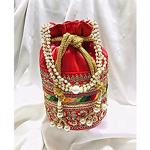 Hand embroidered art silk Potli handbags for Women. For Evening outing, wedding, and party Bag Purse with Drawstring. (Pink)