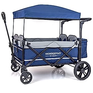 WONDERFOLD X4 Navy Multi-Function 4 Passenger Quad Push and Pull Folding Stroller Wagon, Adjustable & Removable Canopy, Double Seats with 5-Point Harness, Navy