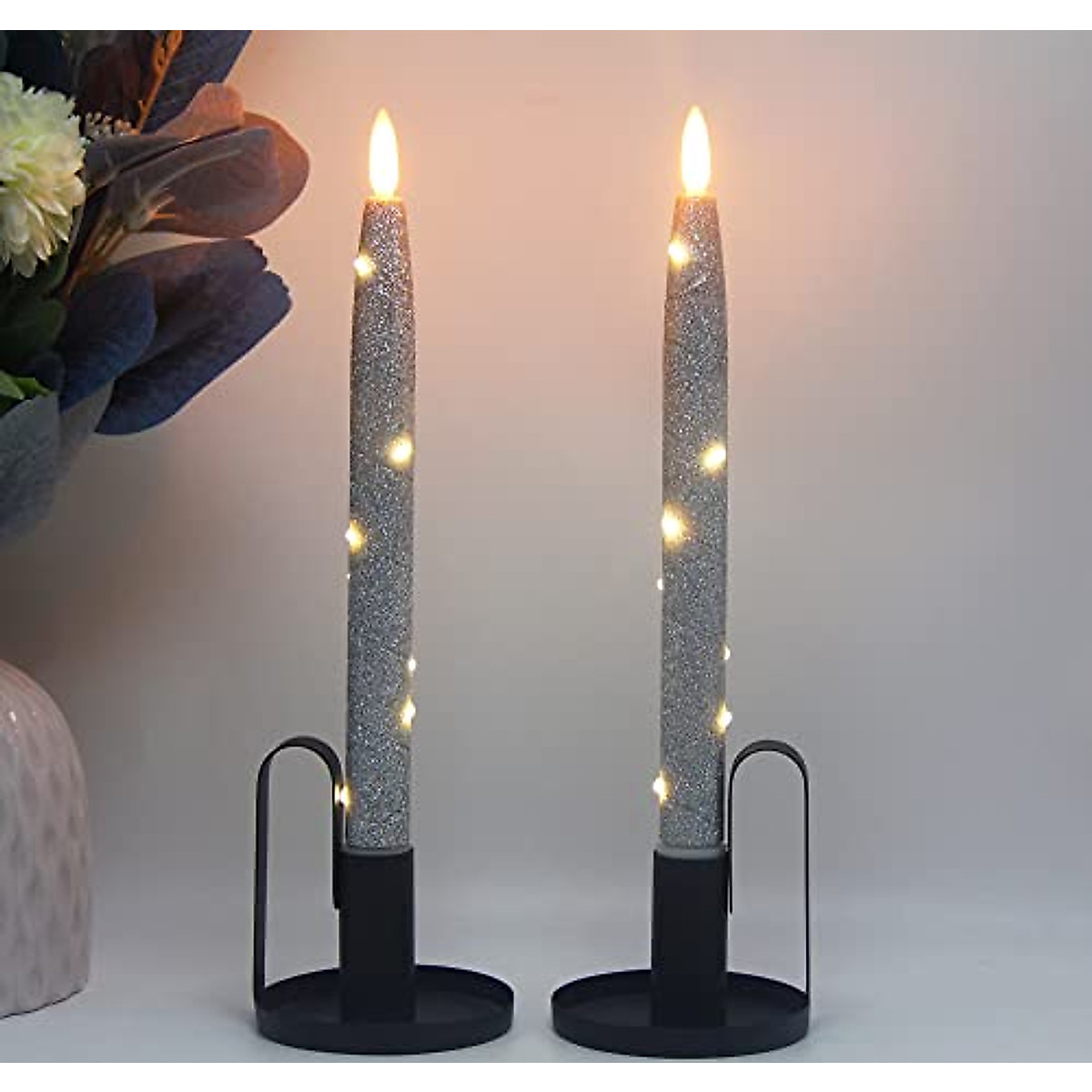 CFDECOR Flameless Glitter Taper Candles with Embedded String Lights, Battery Operated Candle with Timer & Remote, LED Tapered Dinner Candle. for Xmas, Dining, Wedding Décor,Set of 3 (Silver) H: 10"