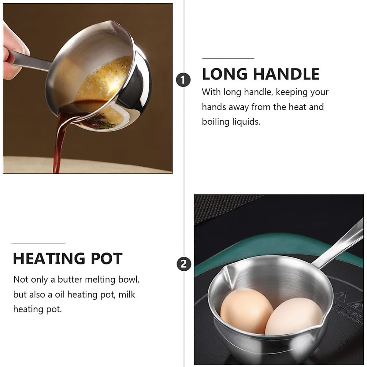 120ml (4oz) Stainless Steel Butter Warmer Pan, Milk Warmer Pot with Dual Pour Spouts, Small Sauce Pan for Stove Top (Diameter: 3in Length: 7in)