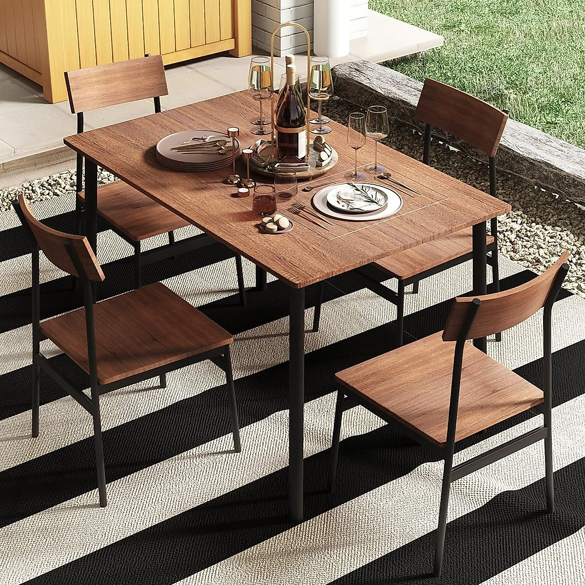 Dporticus 5-Piece Kitchen & Dining Room Sets for 4 Dining Table Set Rustic Industrial Style Wooden Kitchen Table and Chairs with Metal Frame- Brown