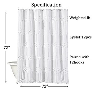 Estmy Boho White Tufted Shower Curtain Sets with Hooks, Simple Modern Chic Cute Rainbow Shape Chenille Stripe Cotton Fabric Shower Curtain Bathroom Decor, Heavy Duty/Water Repellent/Washable