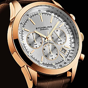 Stuhrling Original Mens Watches Chronograph Analog Silver Dial with Date Rose Gold Steel Case Tachymeter 24-Hour Subdial Mens Brown Leather Strap