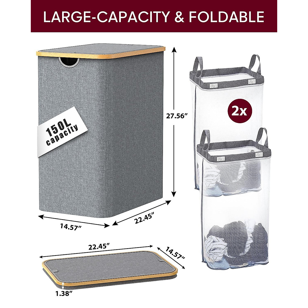 150L Double Laundry Hamper with Lid - CHAMUTY Dirty Clothes Hamper, Collapsible Laundry Baskets, Tall and Slim Design, Perfect for Dorm and Bedroom Use (Grey)