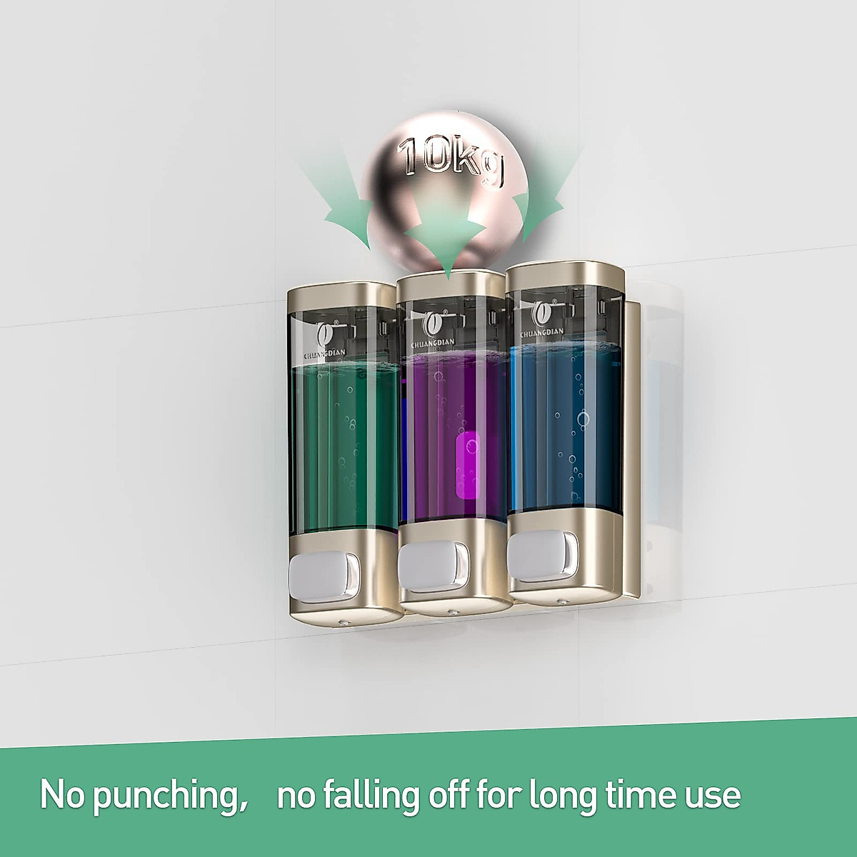 Soap Dispenser for Shower Wall 320mlx3 Chamber Gold No Drill Body Wash Shampoo and Conditioner Dispenser Bathroom