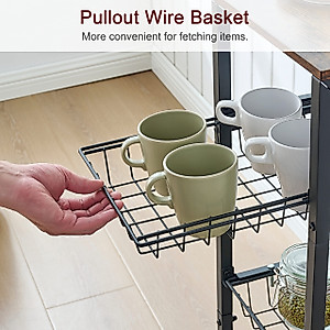 Gewudraw Kitchen Bakers Rack, Kitchen Storage Shelf with Pullout Wire Basket & 4 Side Hooks, Coffee Bar Station with Wine Rack - Rustic Brown, Perfect for Organizing Your Kitchen Essentials