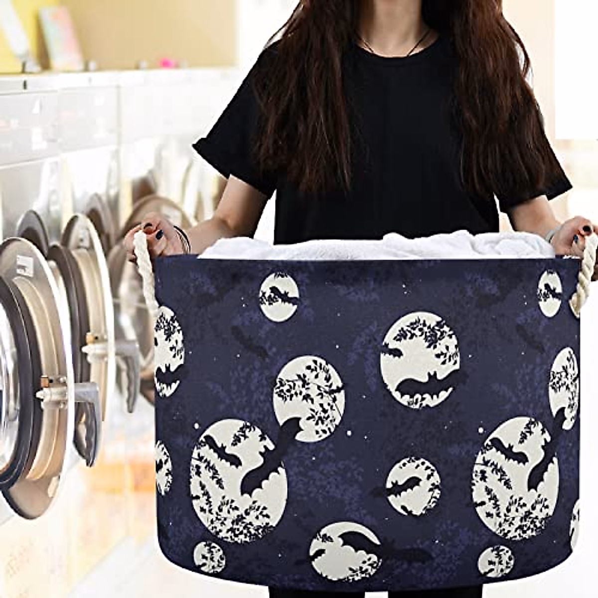 visesunny Halloween with Moon Night Sky Bat Laundry Baskets Fabric Storage Bin Storage Box Collapsible Storage Basket Toy Clothes Shelves Basket for Bathroom,Bedroom,Nursery,Closet,Office