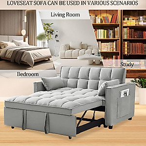 SPOWAY 3 in 1 Sleeper Sofa Couch Bed, Velvet Convertible Loveseat Sleeper Sofa with 3 Level Adjustable Backrest, Storage Pockets, Toss Pillows, Pull Out Loveseat Sleeper for Living Room, Grey