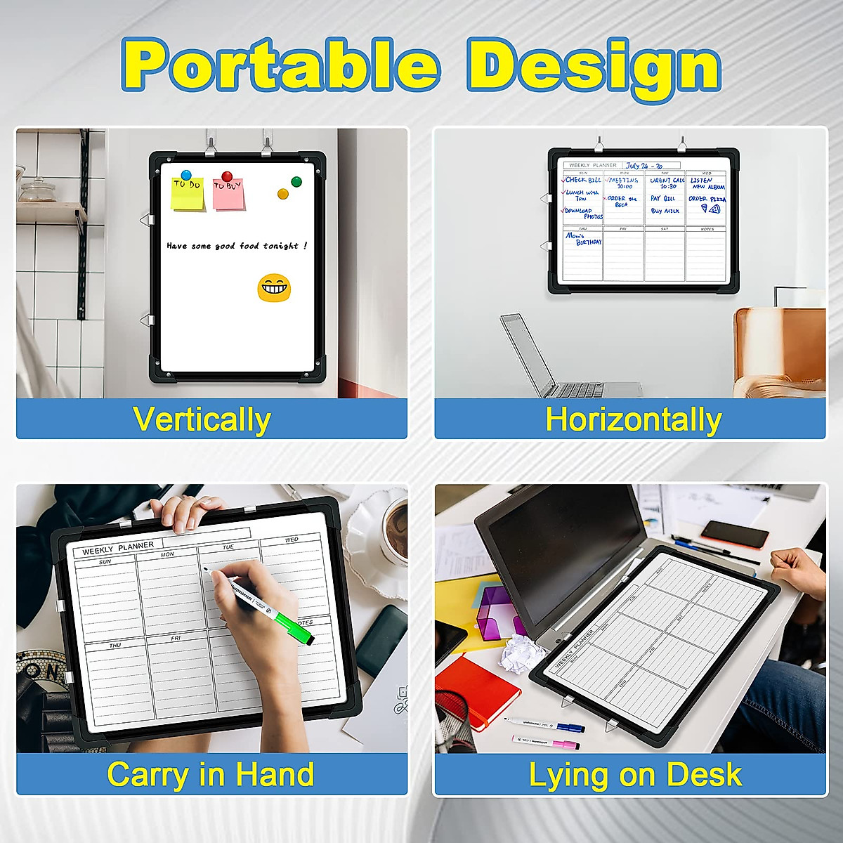 Weekly White Board, Small Dry Erase Board 16"X12", Double-Sided Magnetic Calendar Whiteboard Planner, Portable Dry Erase Calendar for Wall and Desktop with Fine Tip Markers, Magnets, Eraser (Black)