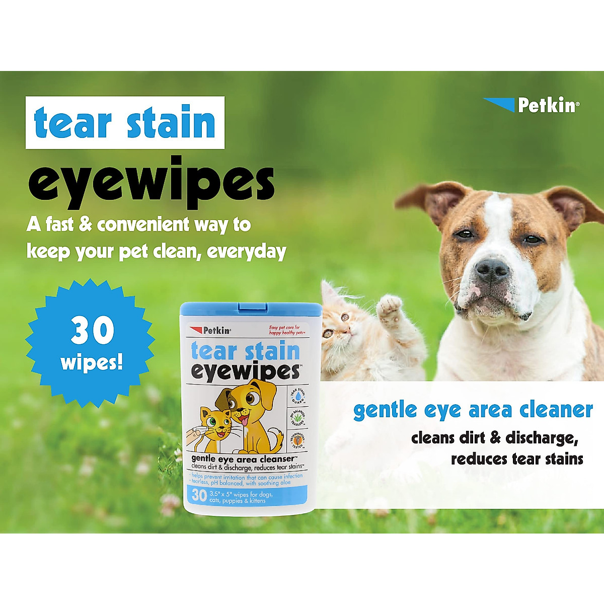 Petkin Pet Eye Wipes, 30 Moist Wipes - Gentle Eye Cleaning Wipes Remove Dirt, Discharge, & Tear Stains - Super Convenient Pet Wipes for Dogs, Cats, Puppies & Kittens - Ideal for Home or Travel