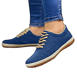 Women Sneakers Slip On Wide Single Up Women Shoes Lace Casual Suede Toe Breathable Comfortable Flat Summer Shoes (Blue, 6.5-7)