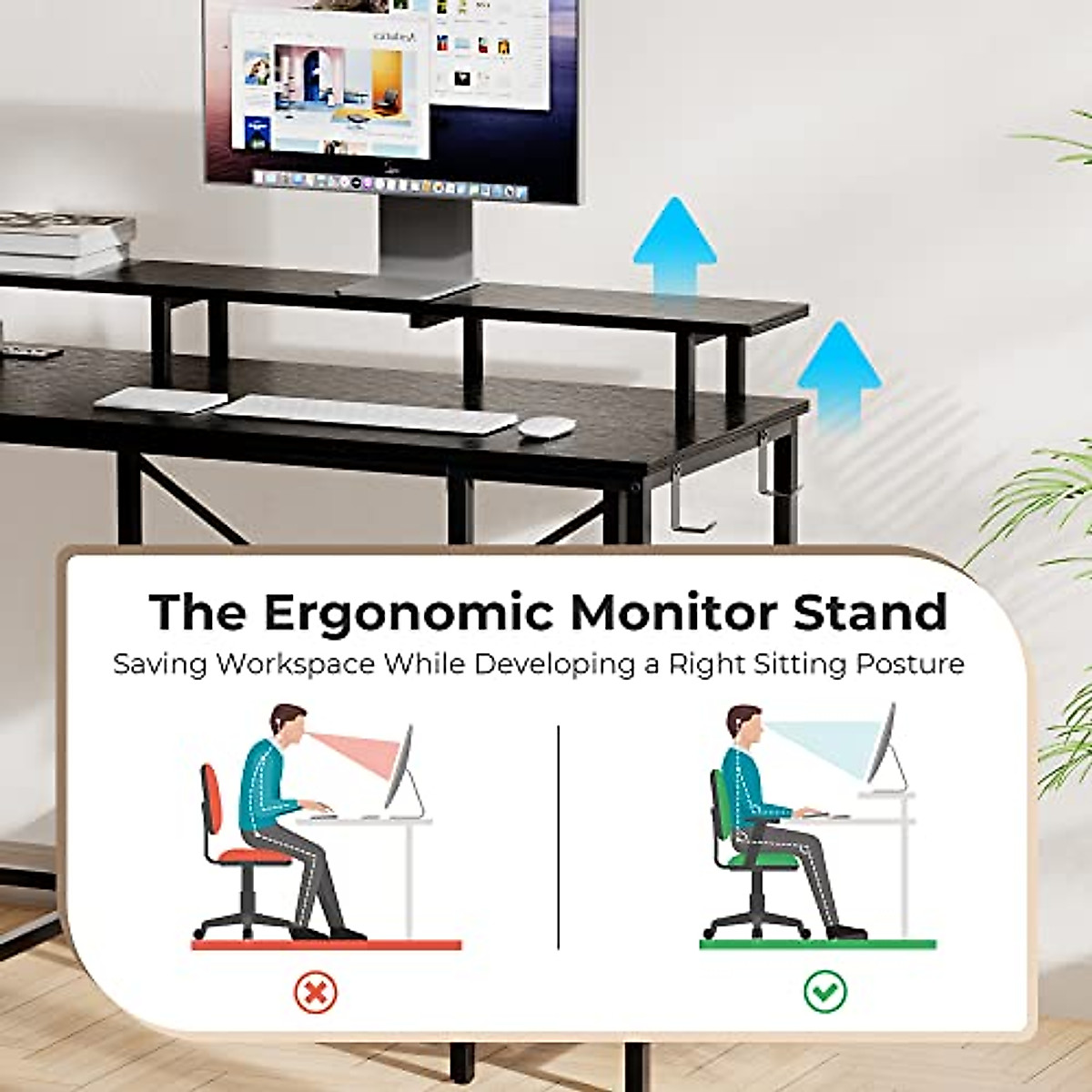 PRAISUN L Shaped Computer Desk with Power Outlets & LED Lights, Corner Gaming Desk with Fabric Storage Bag, Monitor Shelves, Home Office Desk with Hooks, Host Shelf, L Shape Gaming Desk, Black