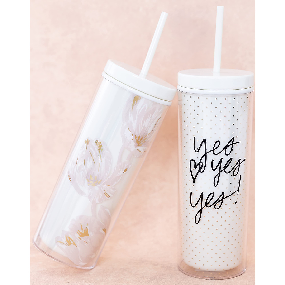 Kate Spade New York Acrylic Bridal Tumbler with Lid and Straw, 24 oz Tumbler for Bride to Be, Slim Double Wall Tumbler, Growing Tulips