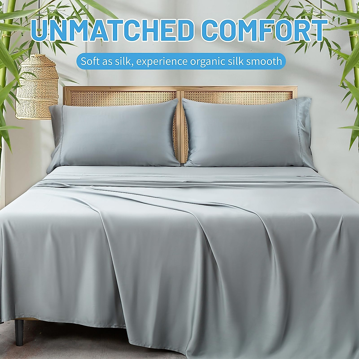 MEISHANG Bamboo Viscose Sheets King Size - 100% Organic Viscose,400TC Cooling Luxury Sheet Set with 16" Deep Pockets - 4 Pieces(Light Grey)