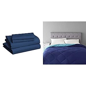 Amazon Basics Navy Blue Comforter (Full/Queen) and Navy Blue Sheet Set (Queen)