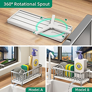 PETXPERT Kitchen Sink Caddy, Sponge Holder for Kitchen Sink, Dish Sponge Organizer with Divider, Rustproof 304 Stainless Steel Dish Brush Holder Storage for Bathroom, Silver