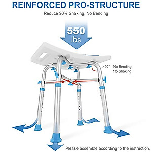 Health Line Massage Products Heavy Duty Shower Stool 550lb Bath Seat Chair, Tool-Free Assembly Height Adjustable Paded Seat Bench for Seniors, Elderly, Disabled, Handicap and Injured