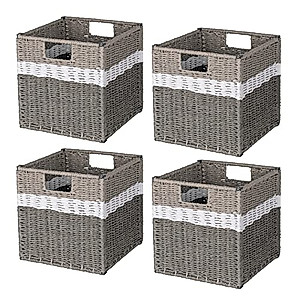 AELS Woven Baskets for Storage, Natural Hand-woven Storage Baskets for Organizing, Cubby Cubes Storage Bins for Shelves, 11" Modern Farmhouse Square Storage Cubes with Handles, Gray and White, 4 Pack