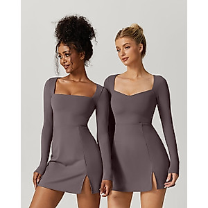 QINSEN Womens Sexy Sweetheart Neckline Double Lined Top Long Sleeve Athleisure Mini Dress Tea Leaf M