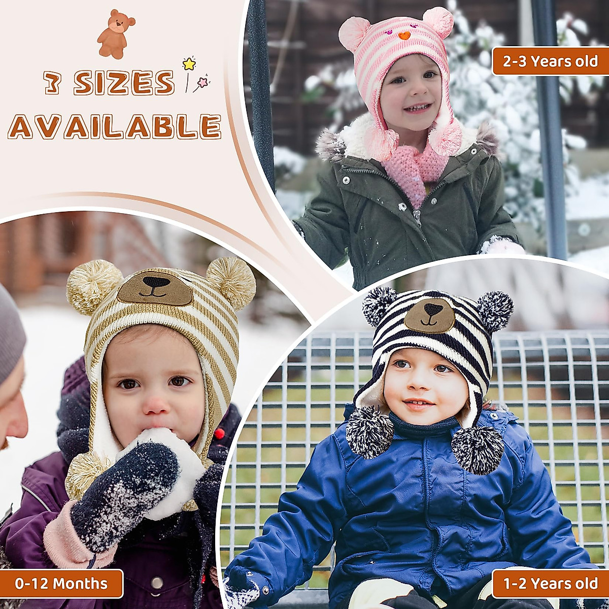 Century Star Baby Boy Hat Winter Fleece Lined Hat Knit Earflap Kids Caps Infant Toddler Hats for Baby Girls with Pom Pom Bear Coffee & Bear Navy 0-12 Months