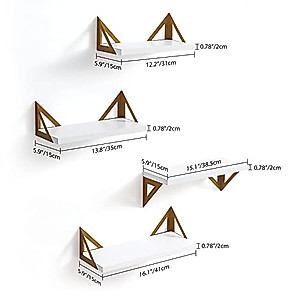 Titanape White Floating Shelves for Bedroom Living Room Decor Aesthetic, Solid Wood Wall Mounted Shelves with Gold Brackets for Bathroom Kitchen Storage Bookshelf for Wall Office Decor