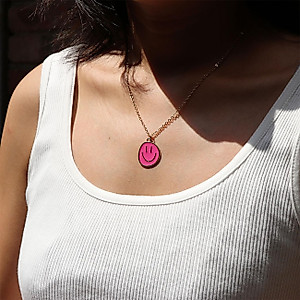 AULSIEY Smile Face Necklaces Cute Necklaces For Teen, Pink Necklace Hot Pink Jewelry Preppy Necklaces, Hot Pink Necklaces 14k Gold Plated Necklace Happy Face Necklace- Hot Pink