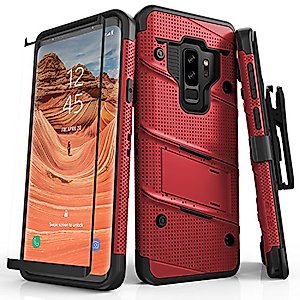 ZIZO Bolt Series for Samsung Galaxy S9 Plus Case Military Grade Drop Tested with Tempered Glass Screen Protector Holster RED Black