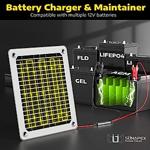 SUNAPEX Solar Battery Charger Maintainer, 5W 12V Portable Waterproof Solar Panel Trickle Charger with Built-in Charge Controller, Cig Plug, Alligator Clips, O-Rings for Car, Truck,Tractor, Boat, etc