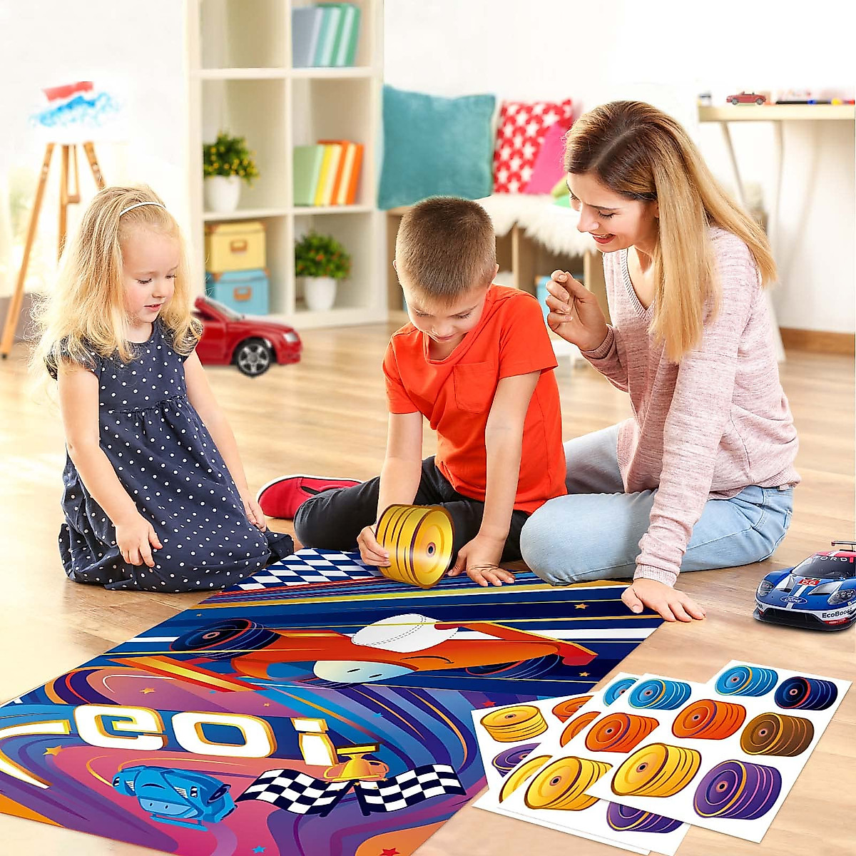 WERNNSAI Pin The Wheels On The Racing Car Game - Race Car Birthday Party Supplies for Boys Kids Two Fast Decorations Poster with 24 Pcs Stickers for Baby Shower Classroom Activities (21" X 28")