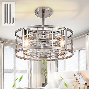 Doltoro Caged Ceiling Fans with Lights and Remote, Industrial Flush Mount Ceiling Fans Light, Small Enclosed Ceiling Fan for Bedroom Kitchen (Brushed Nickel)
