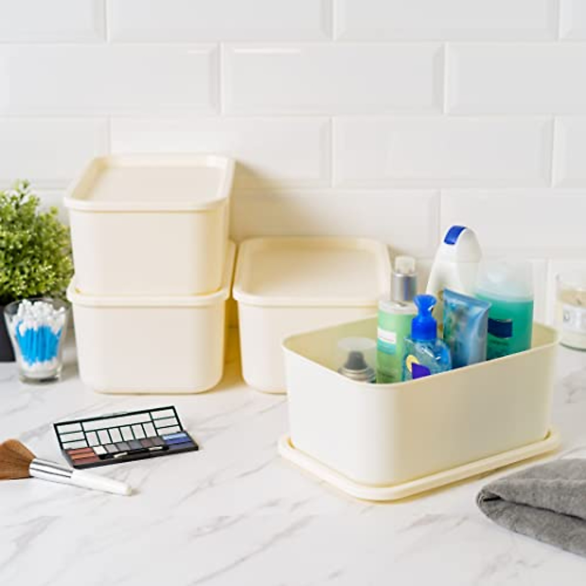 IRIS USA Plastic Modular Basket Bin & Lid, Small, 4-Pack, Stackable Lidded Storage Organizer Bins for-Kitchen-Bathroom and Bedroom, OFF White