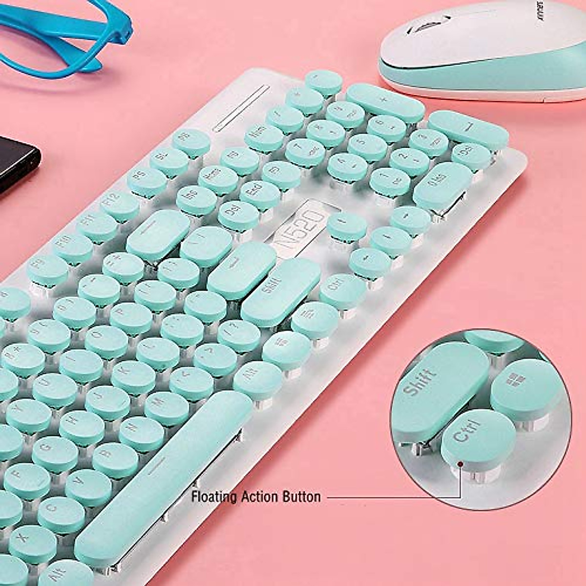 CORN Technology N520 Ergonomic Design, Retro Chiclet Round Keycaps, 2.4GHz Wireless Connectivity Silent Typing Keyboard and 1600DPI Mouse Combo for Office and Game (Blue)
