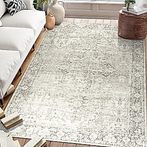 ReaLife Machine Washable Area Rug - Living Room Bedroom Bathroom Kitchen Entryway Office - Non Slip Low Pile Stain Resistant Premium - Boho Farmhouse Vintage - Lyle - Beige Ivory 4' x 6'