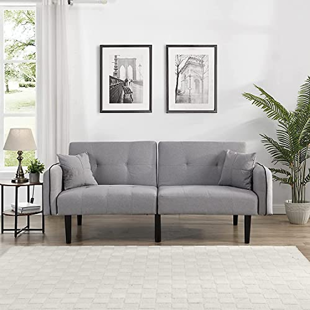 MWrouqfur 76" Convertible Folding Futon Sofa Bed with Bluetooth Speaker,Modern Linen Fabric Upholstered Sleeper Couch Bed,Recliner Loveseat with Armrest and 2 Pillows for Living Room,Bedroom,Office