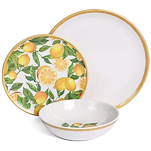 Melamine Dinnerware Sets- 12pcs Melamine Plates and Bowls Set for 4,Indoor and Outdoor Dinnerware, Lemon dinnerware set