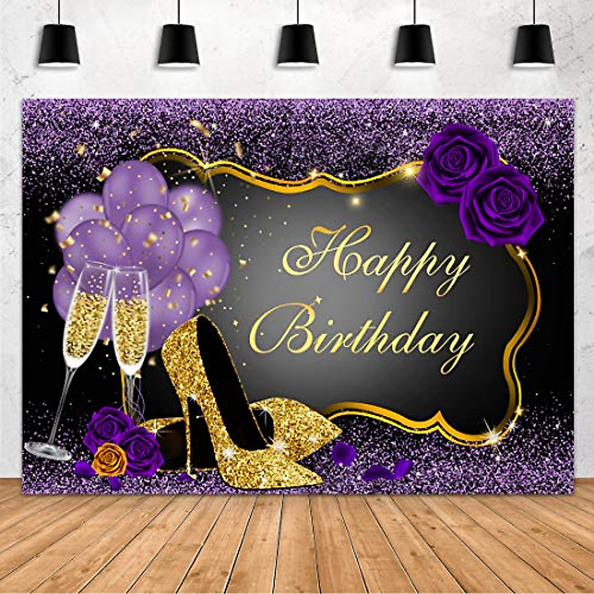 Aperturee 7x5FT Sweet Purple Happy Birthday Backdrop Rose Shiny Sequin High Heels Champagne Golden Frame Glasses Photography Background Party Decorations Adults Women Photo Booth Props Banner