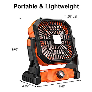 Camping Fan for Tent, 15000mAh Rechargeable Battery Operated Fan, Portable Tent Fan for Camping with Light, Hook, Timer, 270° Rotation, Outdoor USB Fan for Picnic BBQ Fishing Travel Hurricane Jobsite
