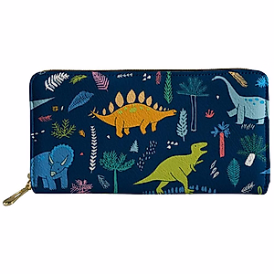 JEOCODY Cartoon Leaves Tree Dinosaur Triceratops Brachiosaurus Stegosaurus Tyrannosaurus Women Wallet Leather Zip Phone Clutch Large Travel Organizer Coin Purse Navy Blue