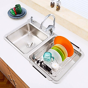 SANNO Expandable Dish Drying Rack Over The Sink Dish Drainer Dish Rack in Sink or On Counter with Utensil Silverware Storage Holder, Rustproof Stainless Steel