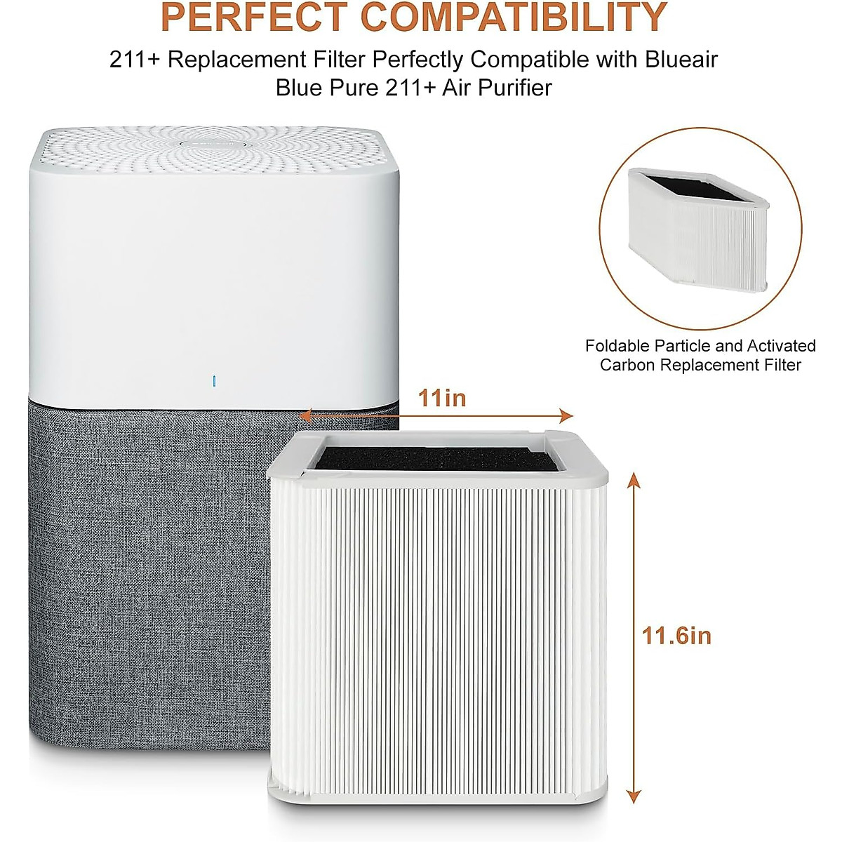 211+ Replacement Filter Compatible with Blueair Blue Pure 211+ Air Cleaner Purifier, H13 Hepa Foldable Filter and Activated Carbon Replacement Filter 2 Pack