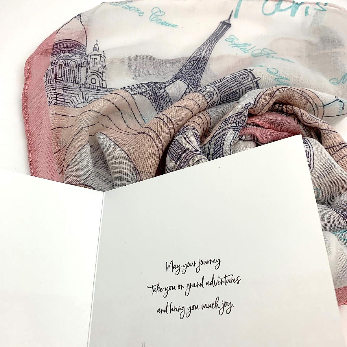 Smiling Wisdom - Wherever You Go, Go With All Your Heart Greeting Card & Paris Scarf Gift Set - Beginnings Goodbye Retirement Journey - Women Grey Peach White (Paris)