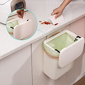 SuoXing 2.4 Gallon Hanging Trash Can for Cabinet Door,9L Hanging Kitchen Trash Can with Lid,Plastic Wall Mounted Garbage Can and Food Waste Bin for Kitchen Countertop,White