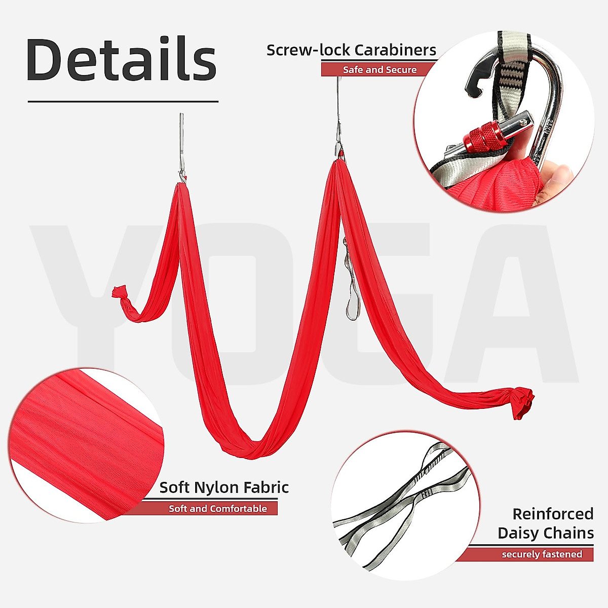 HECASA 6M Yoga Swing Silk Fabric Aerial Yoga Hammock Kit w/Daisy Chain O-Ring Red 6.56 Yards