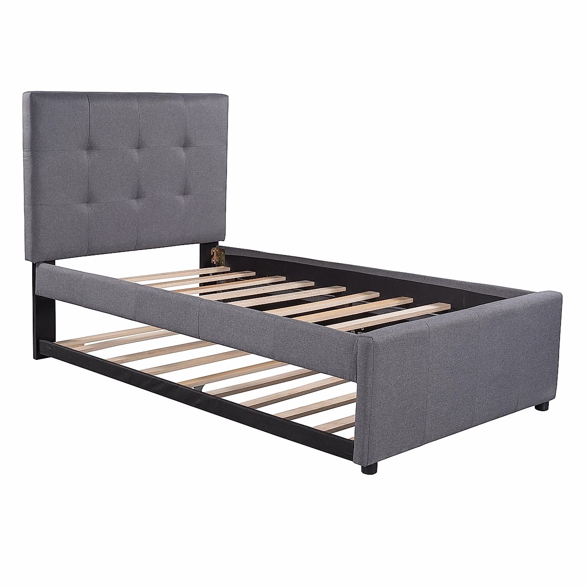 CJLMN Modern Twin Size Linen Upholstered Platform Bed with Trundle and Headboard,Wooden Bed Frame for Kids Teens Adults,No Box Spring Needed