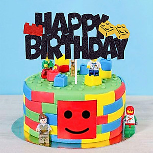 Building Blocks Cake Topper Glitter Happy Birthday Cake Decoration Color Building Brick Theme Birthday Baby Shower Party Supplies