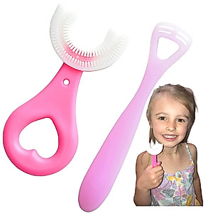[2PC] Kids U Shaped Tooth Brush Safe Brushing For Teeth and Gums with Silicone Soft Tongue Scraper Cleaner [Ages 2-6] PINK