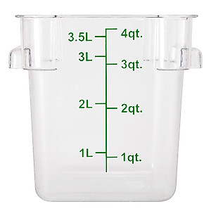 Restaurantware Met Lux 4 Quart Brine Bucket, 1 Square Marinating Container - With Volume Markers, Built-In Handles, Clear & Green Plastic Dough Rising Bucket, Freezer-Safe, Lids Sold Separately